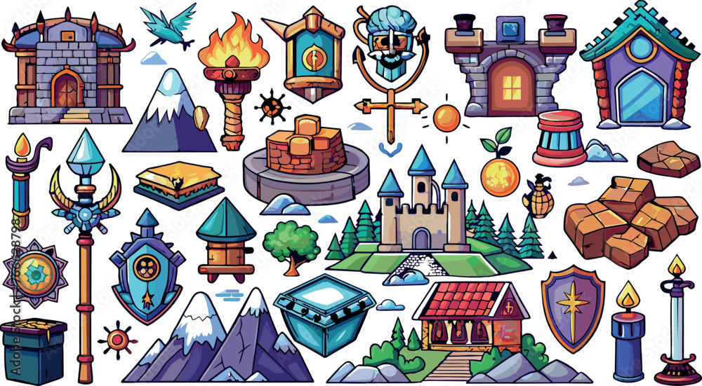 Fantasy map elements illustration, drawing, engraving, ink, line art ...