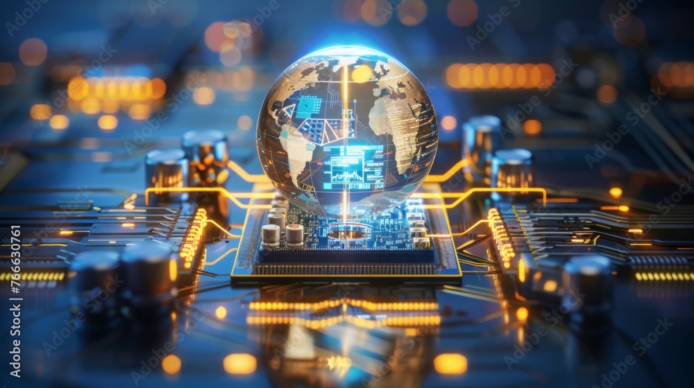 closeup on an advanced GPU ram microchip or cpu of a powerful computer board for artificial ...