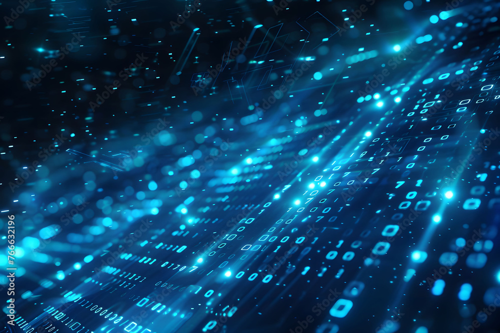 Abstract digital background with blue binary code and light streaks on ...