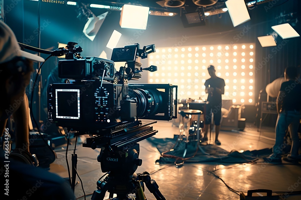 Film crew working on a professional studio set with lighting equipment ...