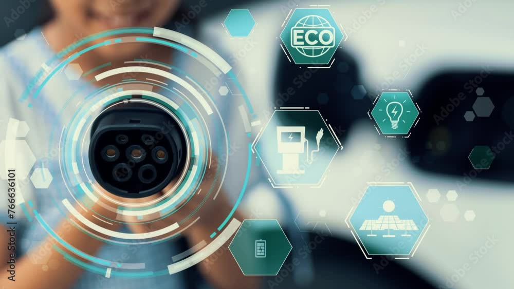 Focus EV charger pointing in front of camera display futuristic eco ...