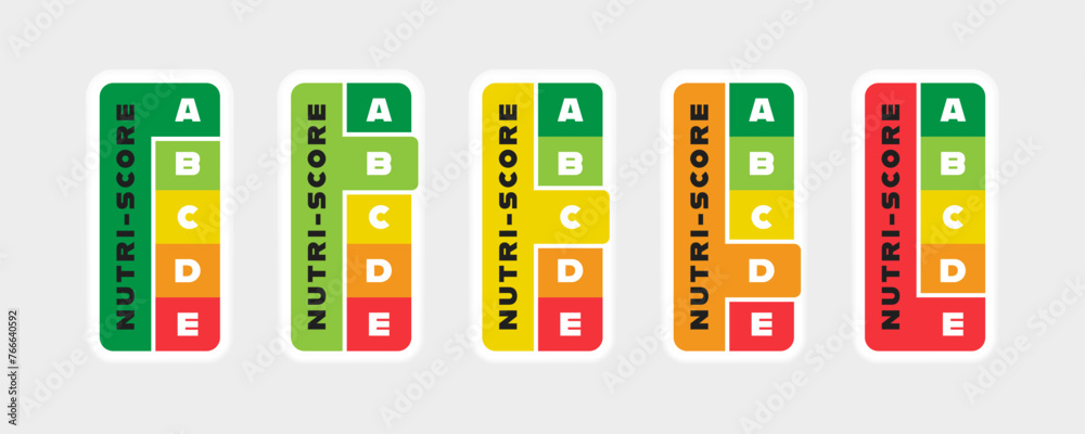 Nutri Score label set with indicator of five color from green to red ...