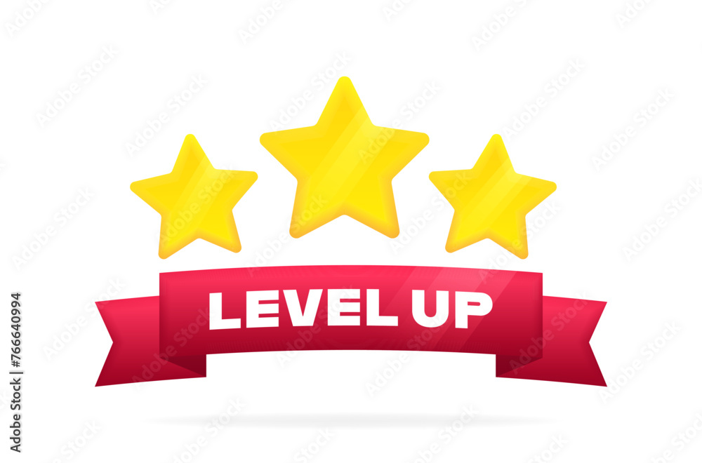 Level Up badge with three stars and ribbon in 3d style with glowing ...