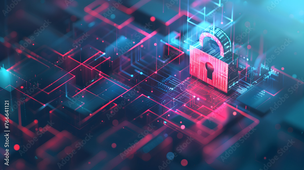 A glowing digital lock, embedded within intricate, illuminated ...