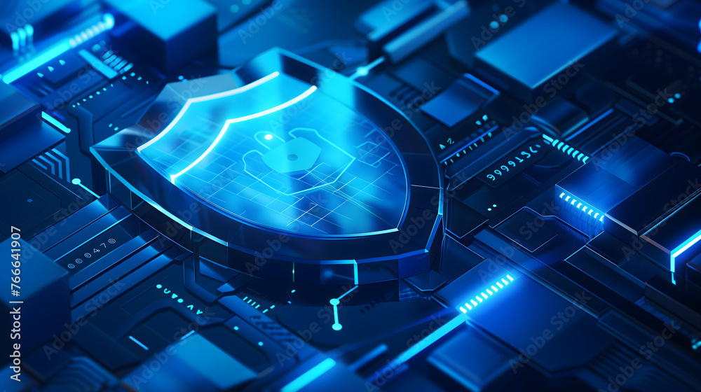 cybersecurity, illuminated shield with a lock symbol on a detailed ...