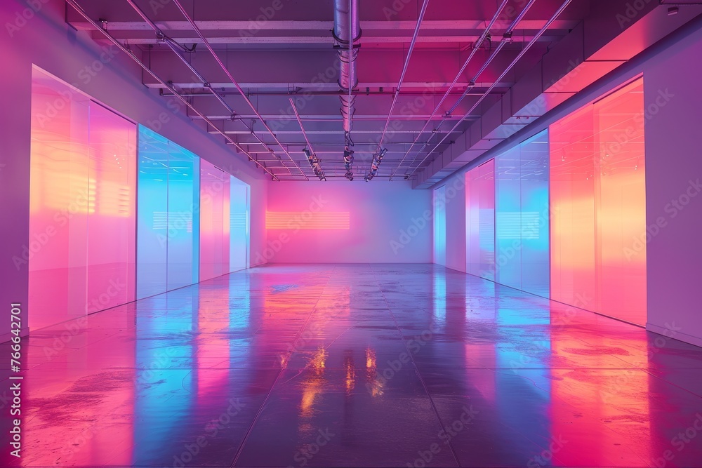 Modern art gallery interior with vibrant neon lights and empty clear ...