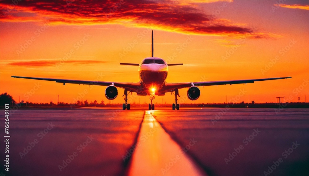 A synthwave front view of a small private jet is silhouetted against ...