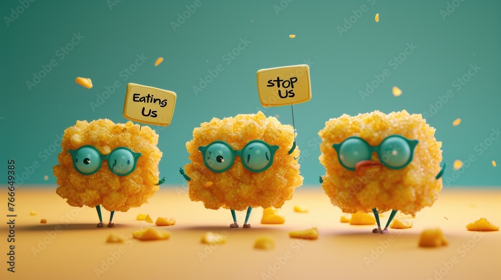 Whimsical plea: cartoon characters, fast food holding a sign 'Stop ...