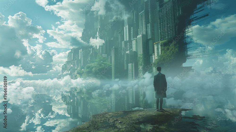 Craft a design that plays with the duality of reality and reflection in ...