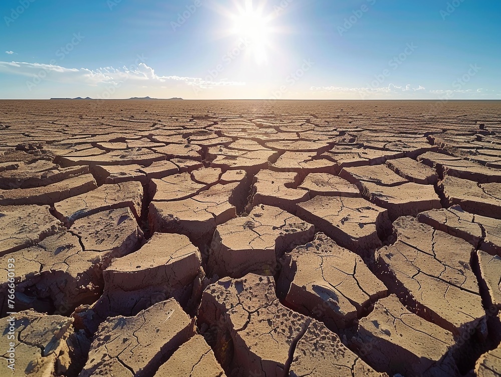 Cracked earth extending to the horizon, sign of drought intensified by ...