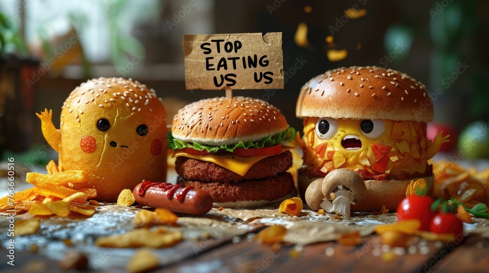 Whimsical plea: cartoon characters, fast food holding a sign 'Stop ...