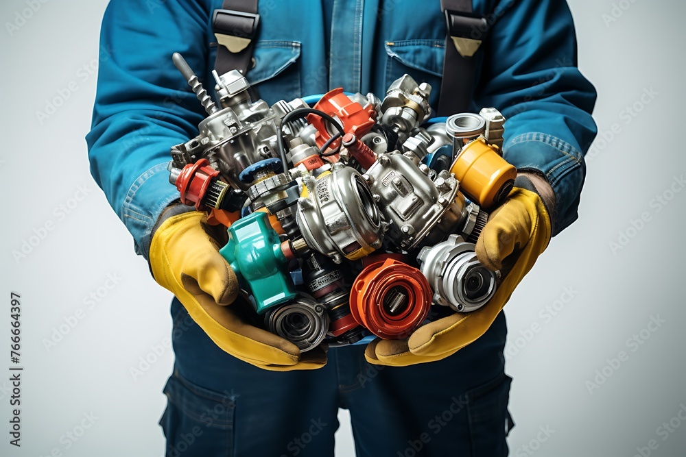 Auto mechanic holding a set of spare parts in his hands. Auto service ...