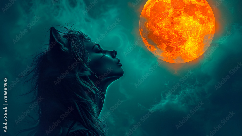 Moonlight werewolf woman against the glowing yellow full moon sky wolf ...