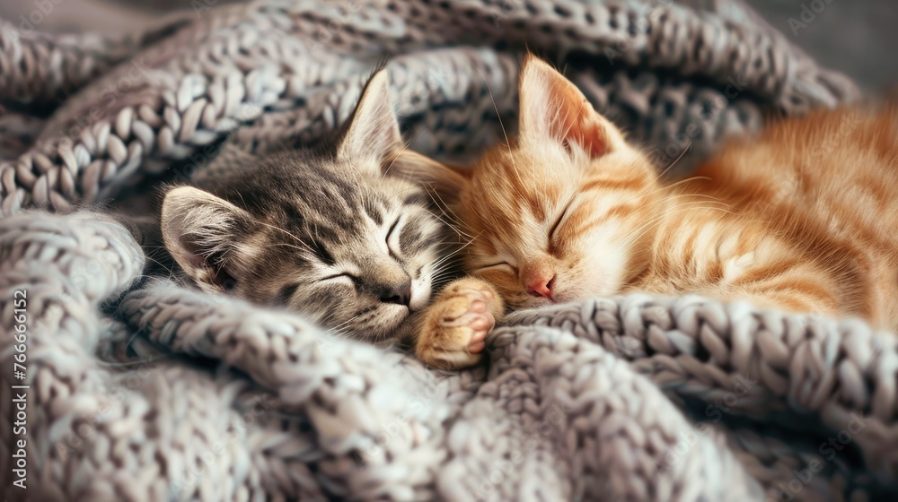 cute cats kitten in bed sleeping and hugging cuddle each other. Animals ...