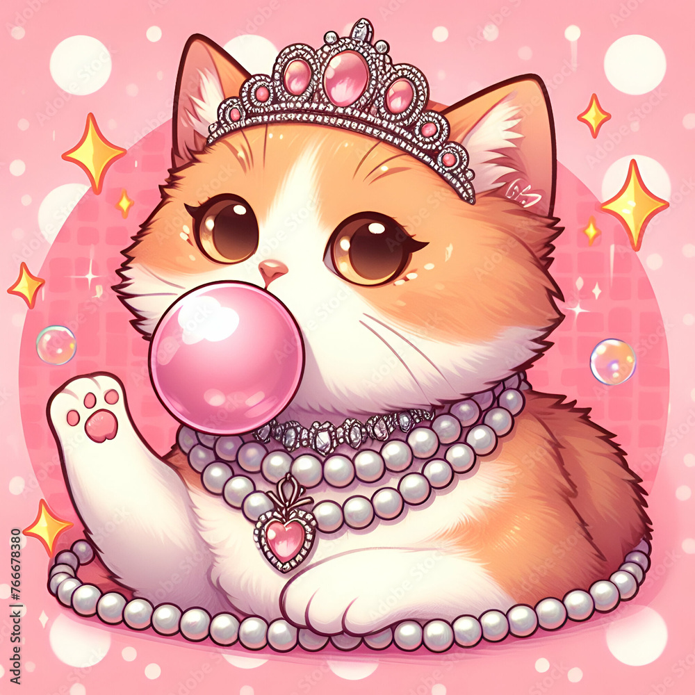 Portrait of a Fluffy Cat Wearing a Tiara and Necklace with Pearls ...