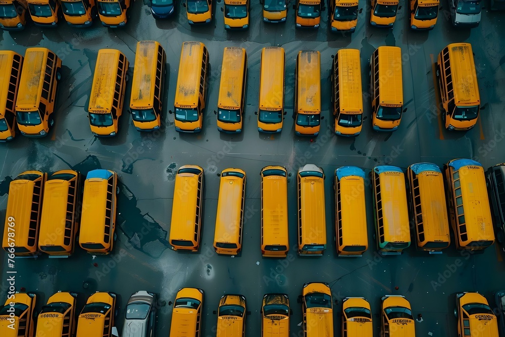 Yellow school buses parked in a lot symbolizing school transportation ...