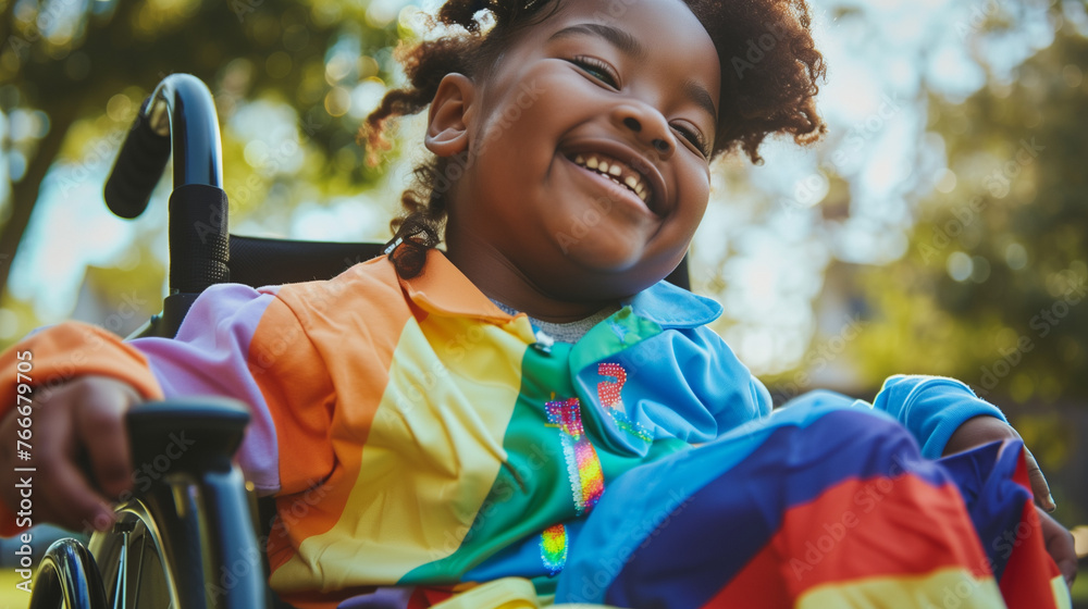 Happy young disabled black afro girl in wheelchair with rainbow flag ...