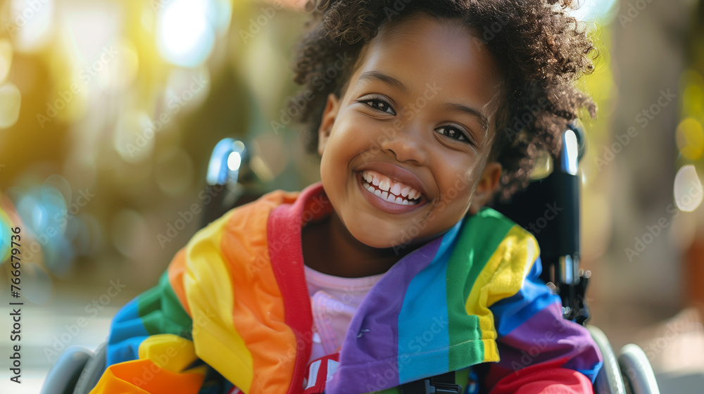 Happy young disabled black afro girl in wheelchair with rainbow flag ...