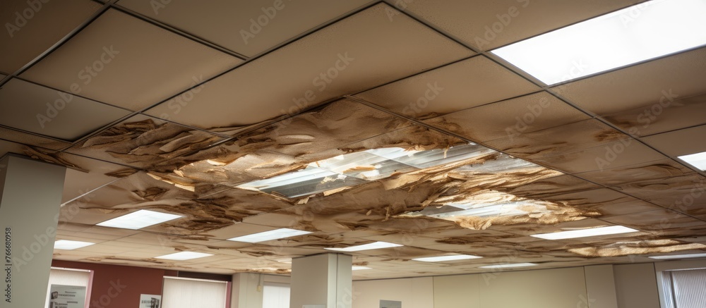 Water is leaking from the ceiling of the building, damaging the wood ...