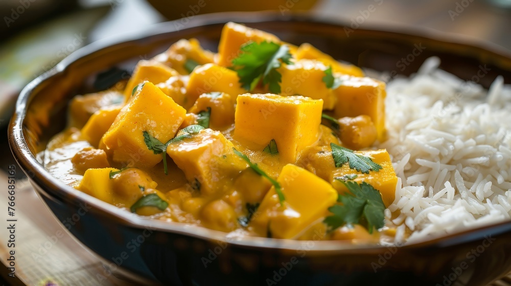 Exotic Mango Coconut Curry A professional photograph capturing an ...