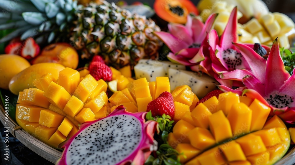 Exotic Tropical Fruit Platter A close-up shot of an exotic tropical ...
