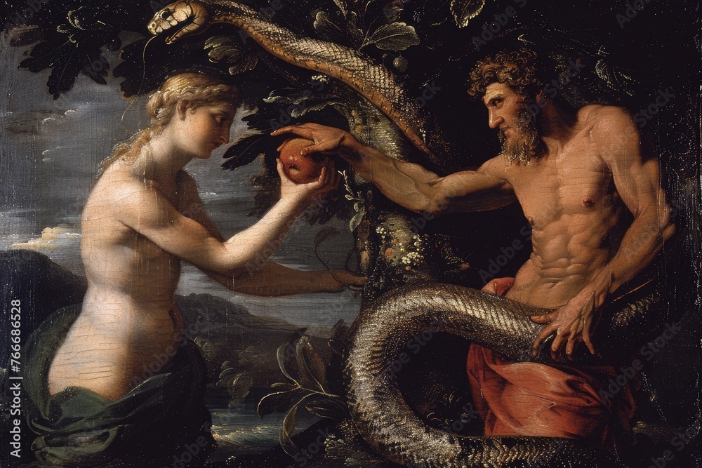 The fall of Adam and Eve, genesis narrative, delving into the biblical original sin, paradise ...