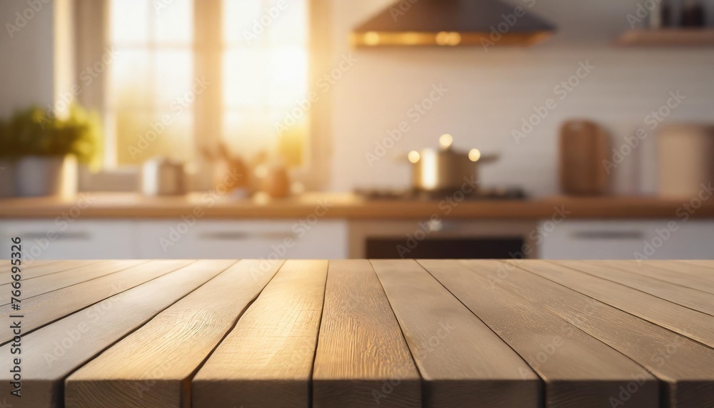 wooden table on blurred kitchen bench background empty wooden table and ...