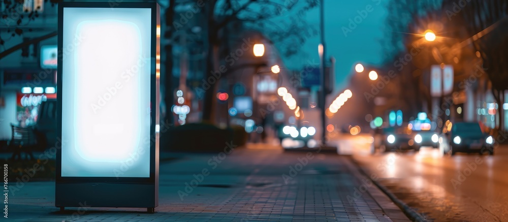 A tall digital light box mock up outdoors near retail establishments ...