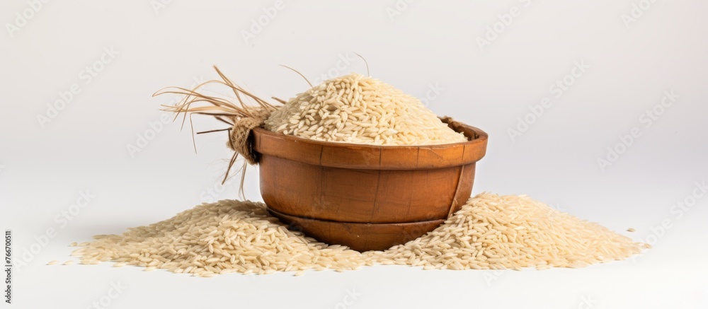 A wooden bowl filled with rice serves as the focal point on top of a ...