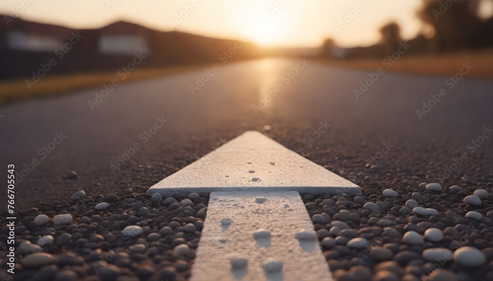An asphalt road stretches into the distance with a painted white arrow ...