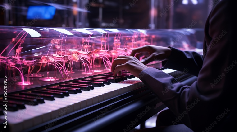AI composing symphonies, represented by robotic hands conducting an ...