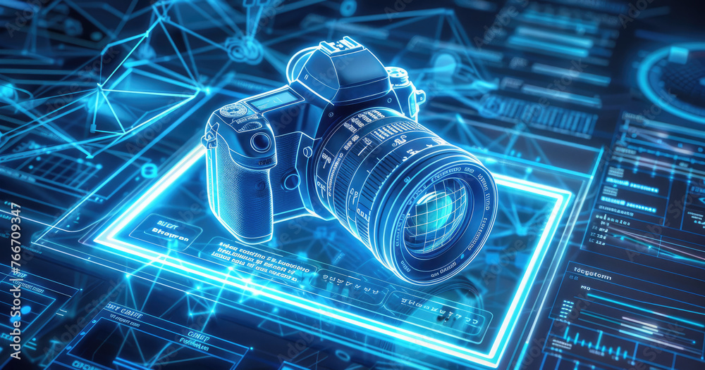Futuristic digital camera schematic on blue - A high-tech digital ...