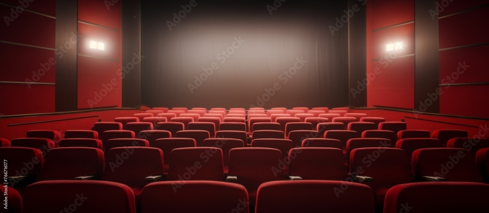 The movie theater room is equipped with rows of magenta seats arranged ...