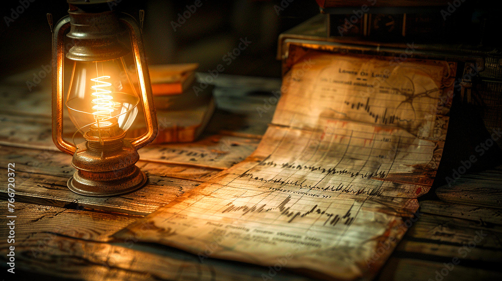 A dimly lit workspace showing a graph of plunging stock values, the ...