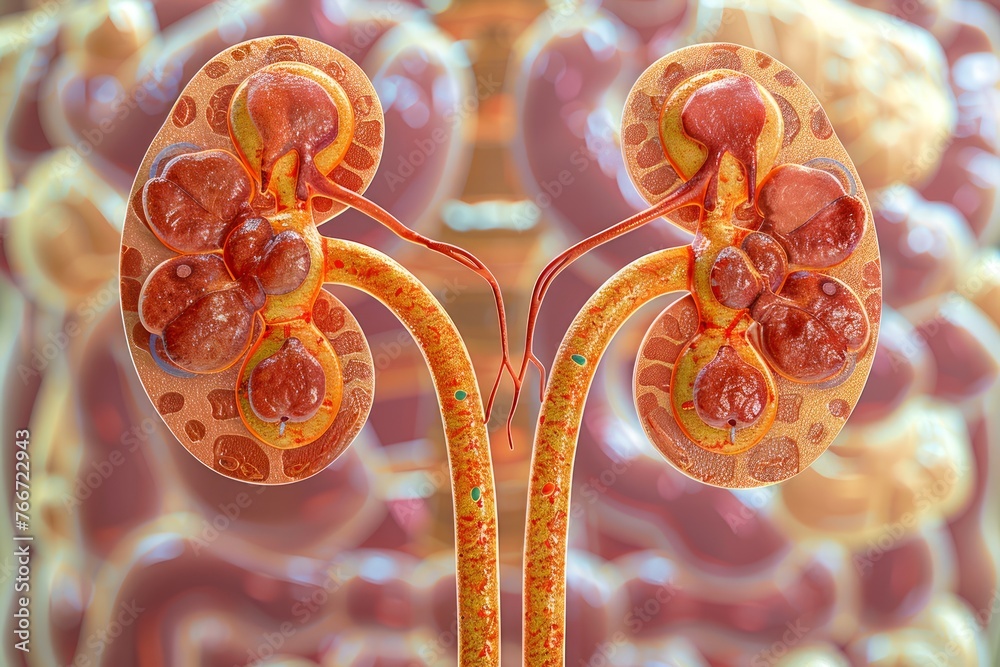 Detailed Anatomical Illustration of Human Kidneys with Adrenal Glands ...