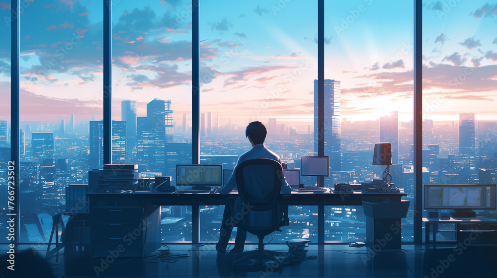 Graphic of anime salary business man work overtime in the office. Stock ...