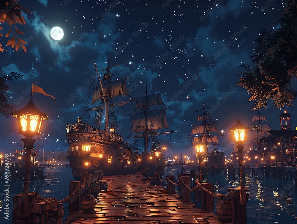 Design an immersive image of a pirate haven at dusk, seen from an eye ...
