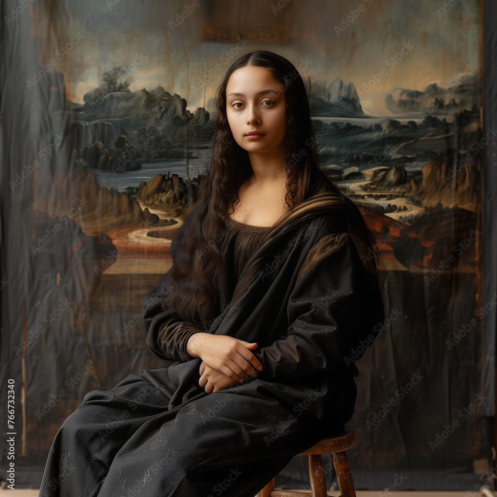 Mona Lisa Reimagined with a Renaissance Landscape Backdrop Stock Photo ...