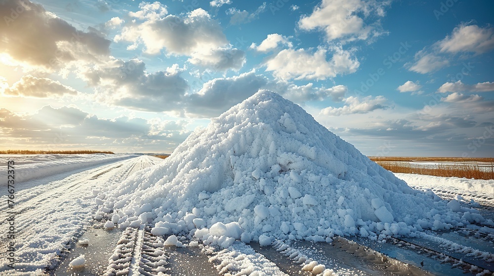 Sea salt farm. Pile of white salt. Raw material of salt industrial ...