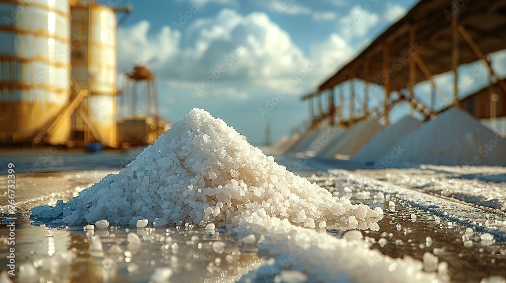 Sea salt farm. Pile of white salt. Raw material of salt industrial ...
