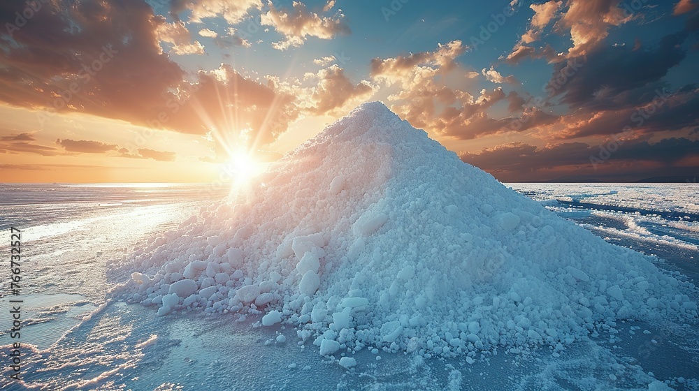 Sea salt farm. Pile of white salt. Raw material of salt industrial ...