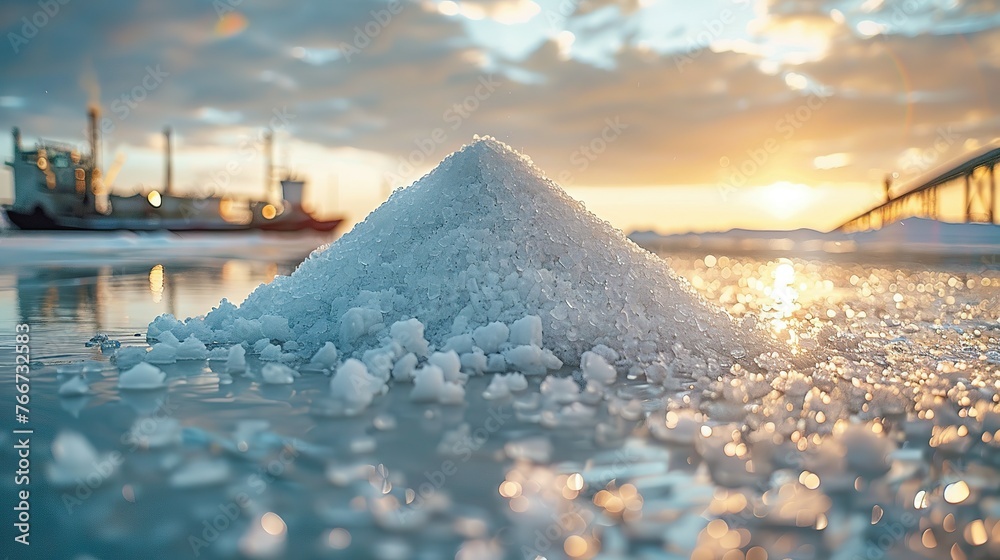 Sea salt farm. Pile of white salt. Raw material of salt industrial ...