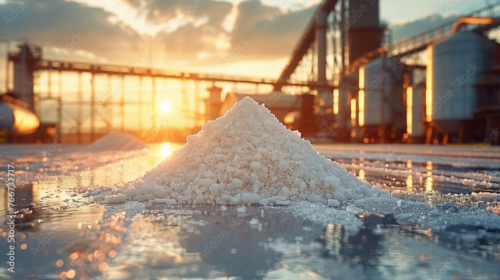 Sea salt farm. Pile of white salt. Raw material of salt industrial ...