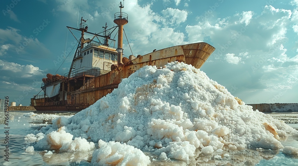 Sea salt farm. Pile of white salt. Raw material of salt industrial ...