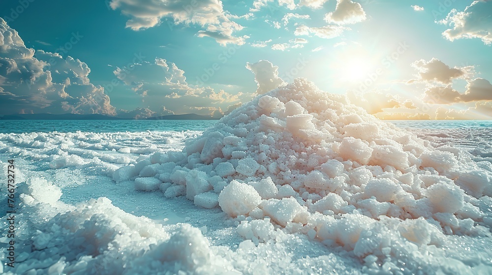 Sea salt farm. Pile of white salt. Raw material of salt industrial ...