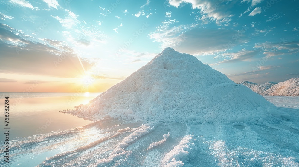 Sea salt farm. Pile of white salt. Raw material of salt industrial ...