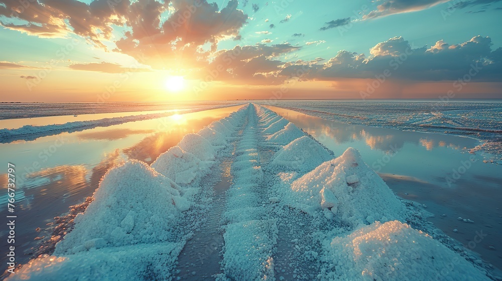 Sea salt farm. Pile of white salt. Raw material of salt industrial ...