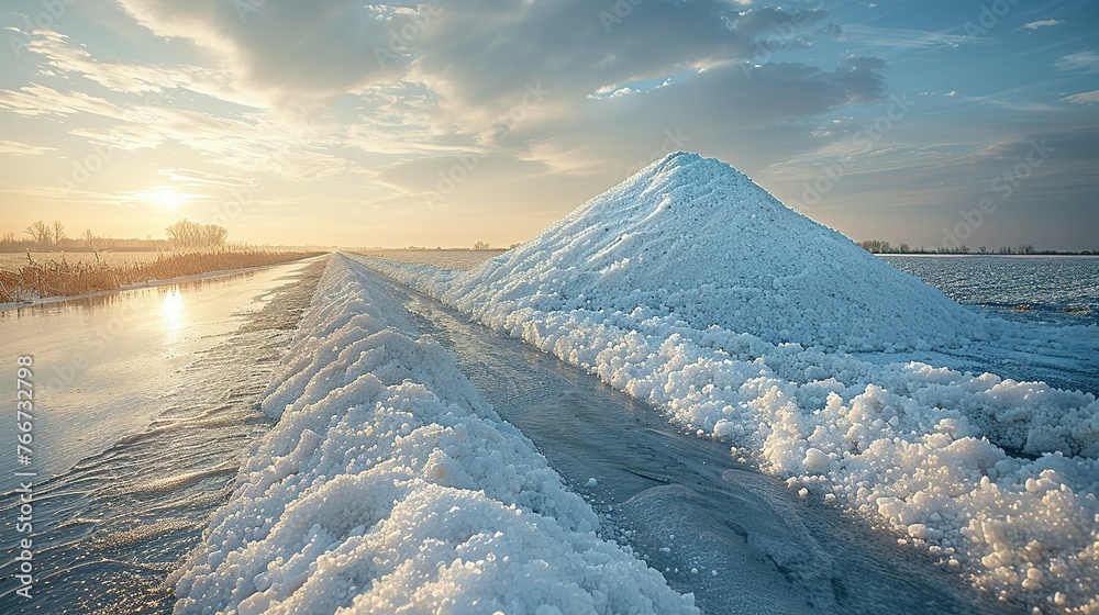 Sea salt farm. Pile of white salt. Raw material of salt industrial ...