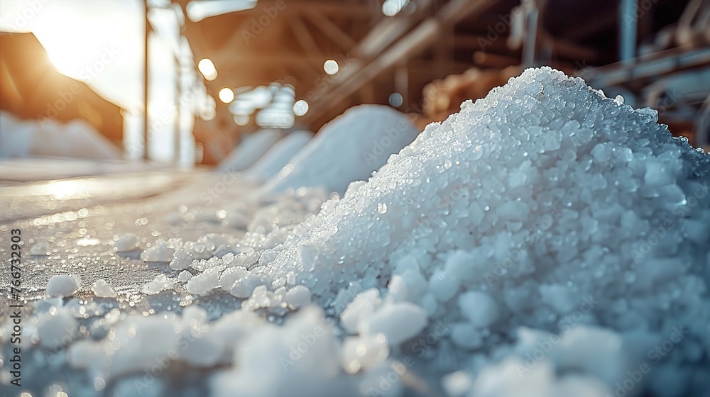 Sea salt farm. Pile of white salt. Raw material of salt industrial ...