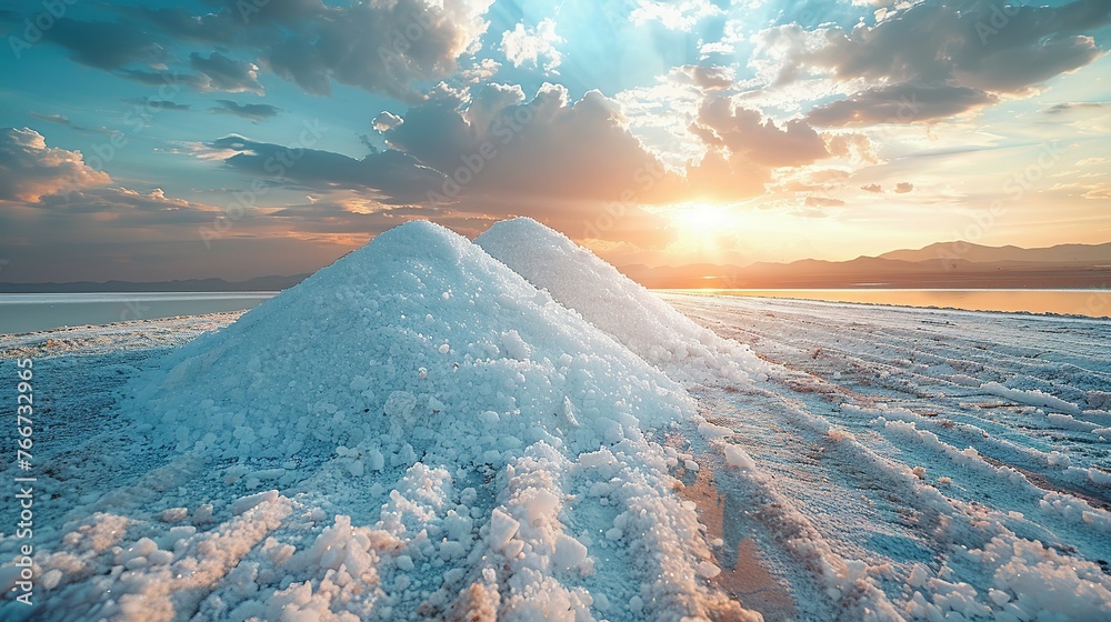 Sea salt farm. Pile of white salt. Raw material of salt industrial ...